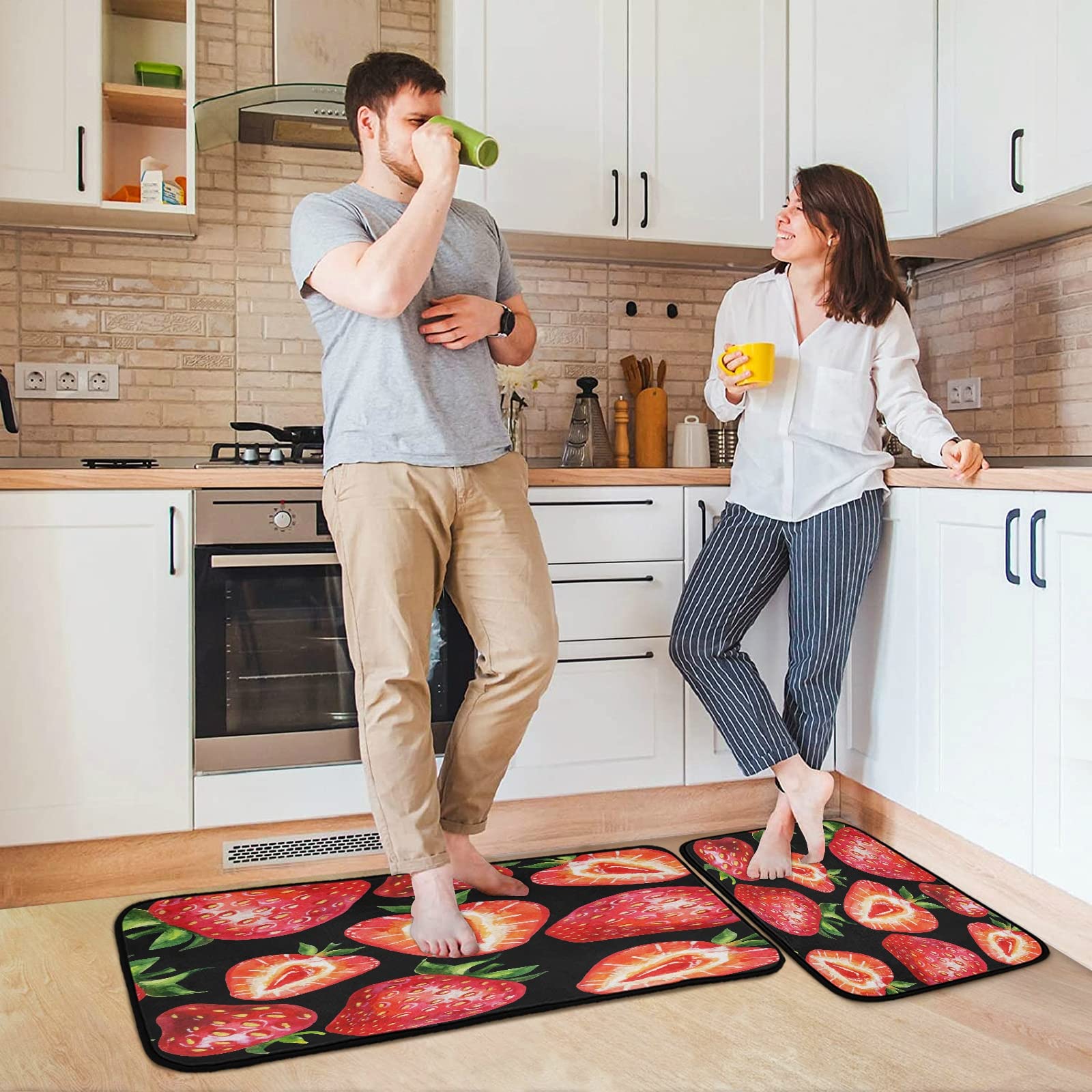 ALAZA Strawberry Red Black 2 Piece Kitchen Rug Floor Mat Set Runner Rugs Non-Slip for Kitchen Laundry Office 20" x 28" + 20" x 48"