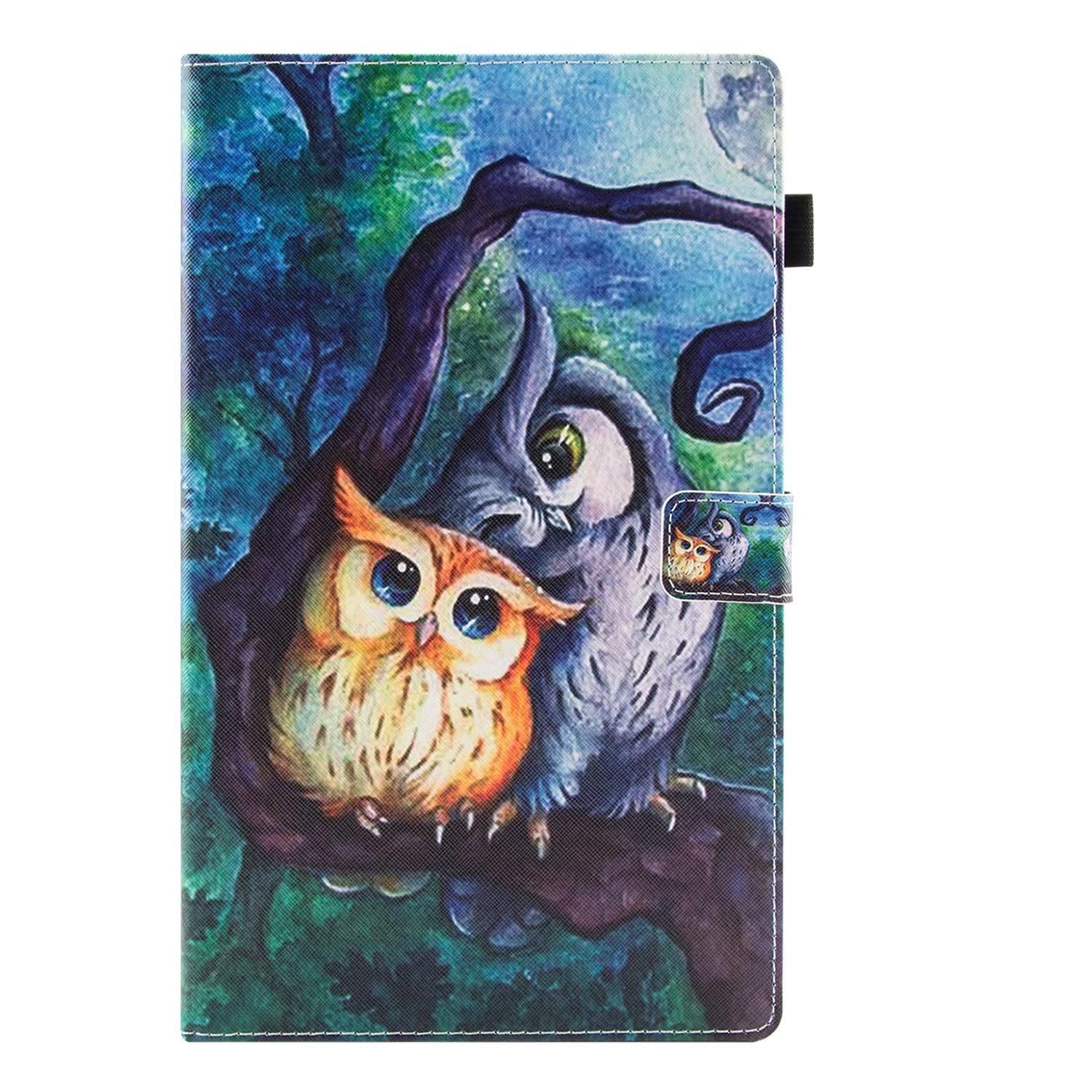 UUcovers for Kindle Fire HD 10 Case 9th/7th Generation (2019/2017) 10.1 inch with Stylus Pencil Holder/Card Slots/Folio Stand PU leather Magnetic Smart Wallet Cover [Auto Wake/Sleep], Oil Painting Owl
