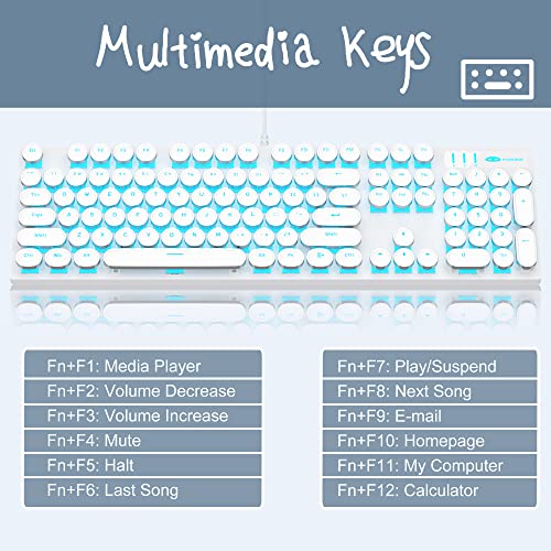 Camiysn Typewriter Style Mechanical Gaming Keyboard, White Retro Punk Gaming Keyboard with Blue Backlit, 104 Keys Blue Switch Wired Cute Keyboard, Round Keycaps for Windows/Mac/PC