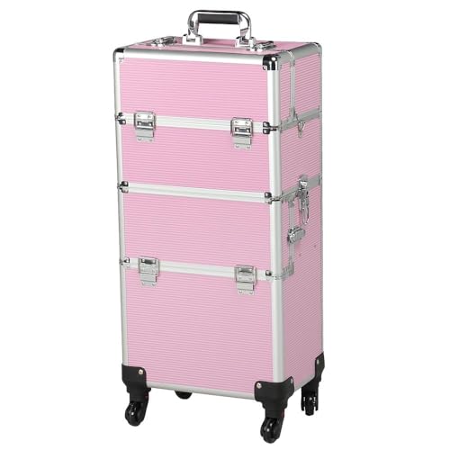 Topeakmart 3 In 1 Aluminum Professional Rolling Cosmetic Case, Beauty Storage Trolley, Make Up Storage Organizer, Makeup Travel Case - With Wheels, Folding Trays and Large Compartments - Pink