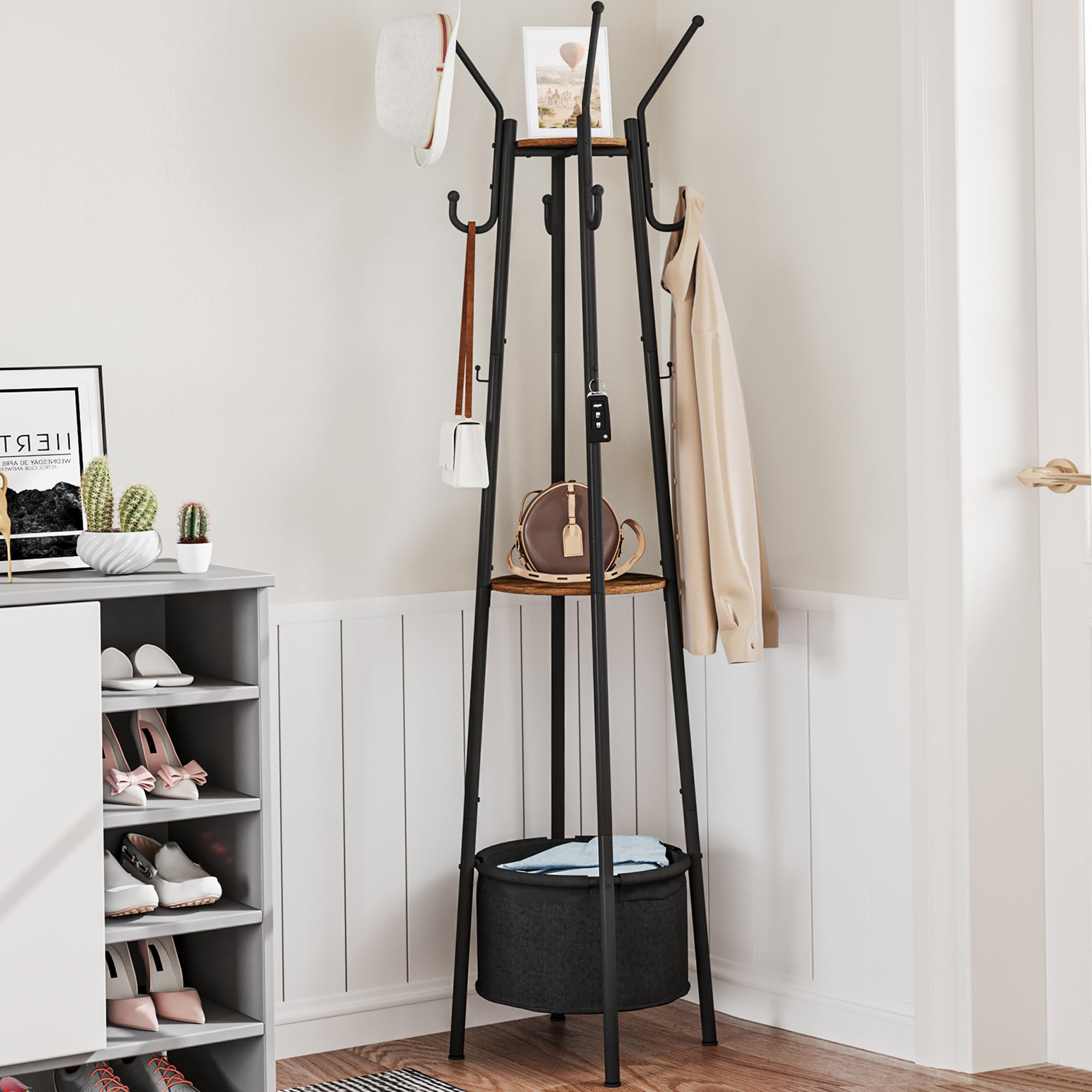 Hzuaneri Coat Rack Freestanding, Coat Rack Stand with 12 Hooks, Coat Tree, Coat Racks Coat Hanger Stand with 2 Shelves and Storage Basket, Hall Tree for Entrance, Hallway, Black CR24701B