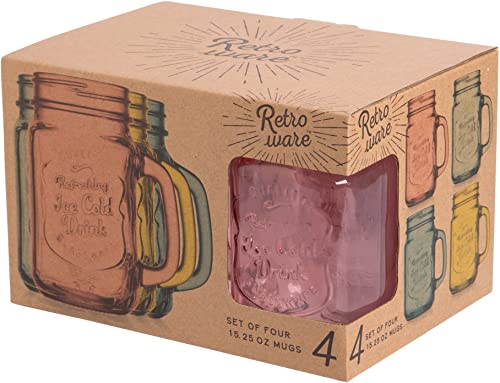 Glaver's Mason Jar Drinking Glasses Set Of 4, 15 oz. Colored Mugs With Embossed Ice-Cold Drinkware Logo, Glass Mason Jar Mug With Handle. For Smoothies, Cocktails, Beverages.