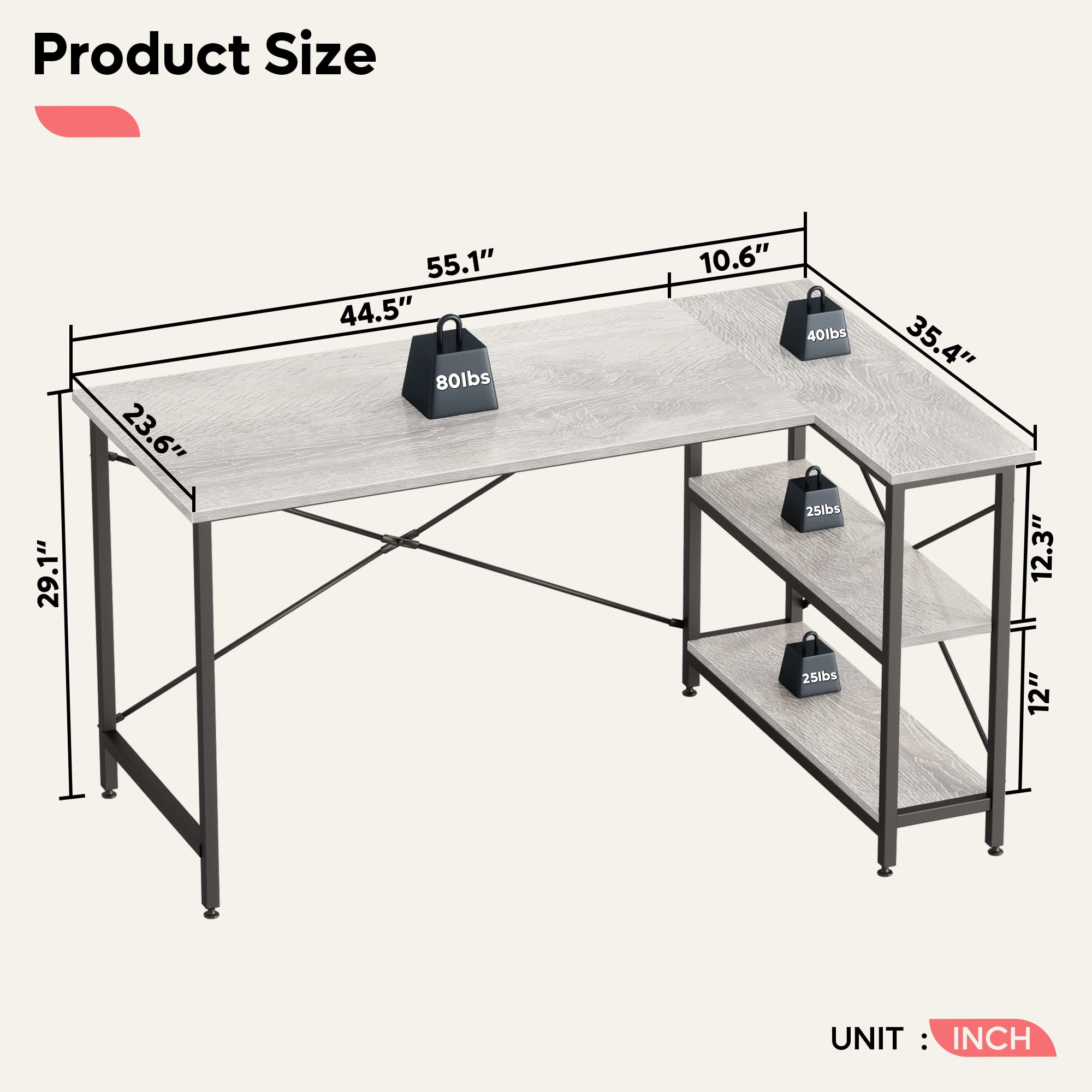 Bestier L Shaped Desk with Storage Shelves 55 Inch Corner Computer Desk Writing Study Table Workstation for Home Office, Wash Gray