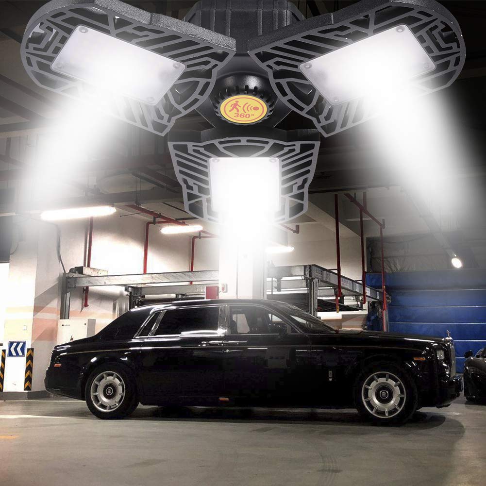 60W Deformable LED Garage Light, Motion Activated Garage Lighting, 6000LM Ceiling Light E26/E27 Factory Industrial Lighting, Cold White 6000K Light IP65 For Garage, Warehouse, Workshop
