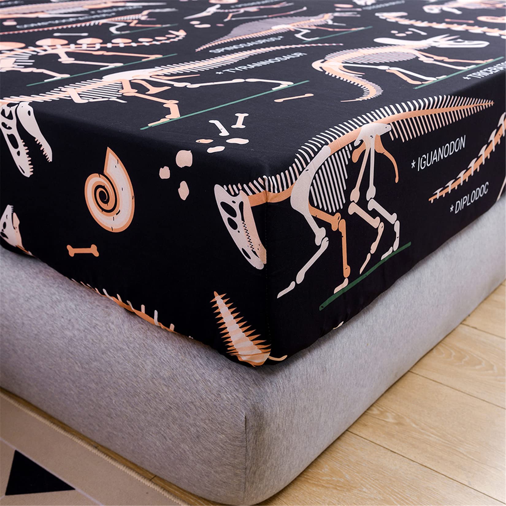 URLINENS Dinosaur Fitted Sheet Twin Size, Jurassic Evolution Dino Bones Bedding Set 2 Piece 1 Fitted Sheet and 1 Pillowcase, Wildlife Dinosaur Sheet Set for Kids Boys Girls Teens Fun Bed Sheet