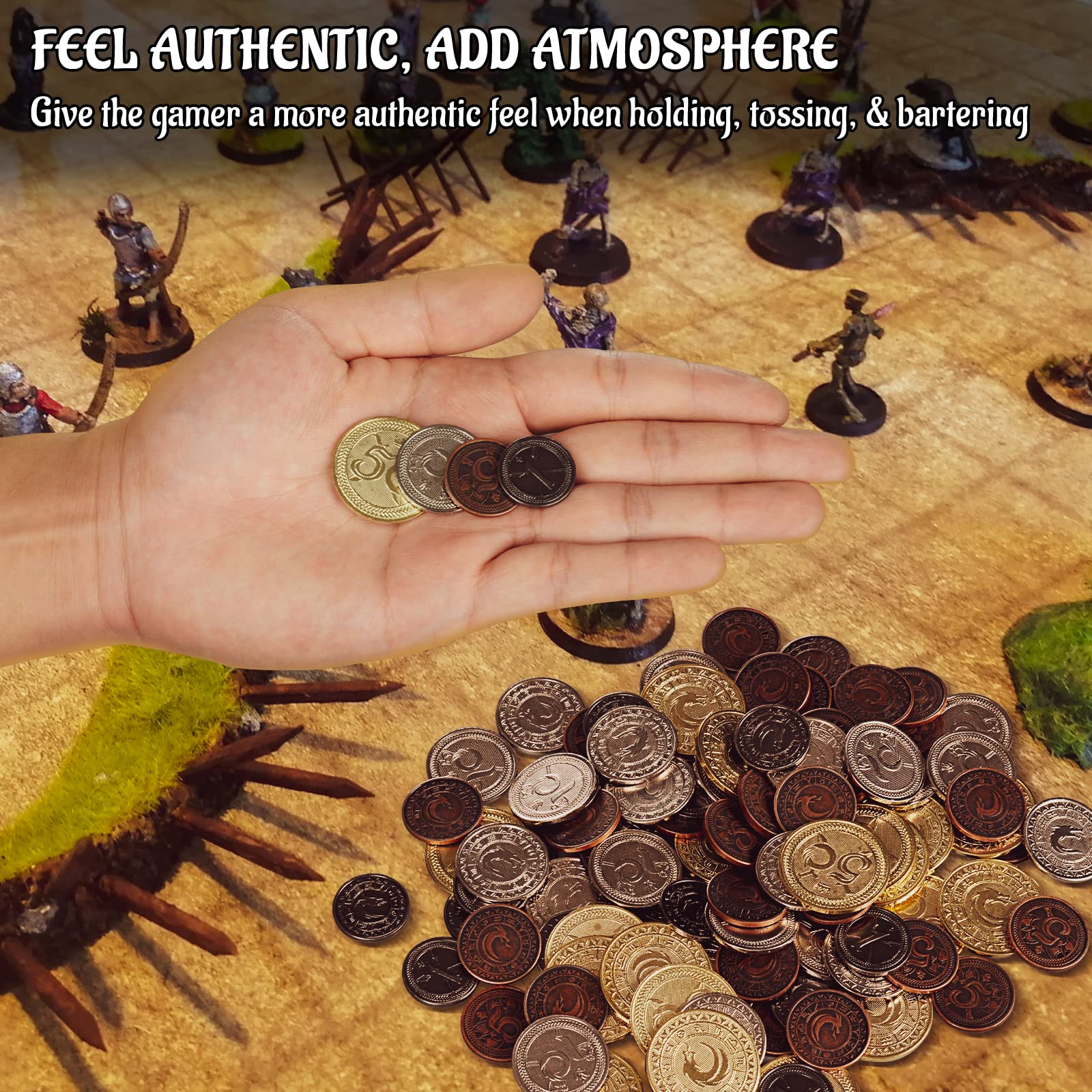 DND Metal Coins Set of 60 with Leather Pouch - Gaming Tokens, Pirate Treasure, Accessories & Props for Board Games, Dungeons and Dragons, Tabletop RPGs and LARP