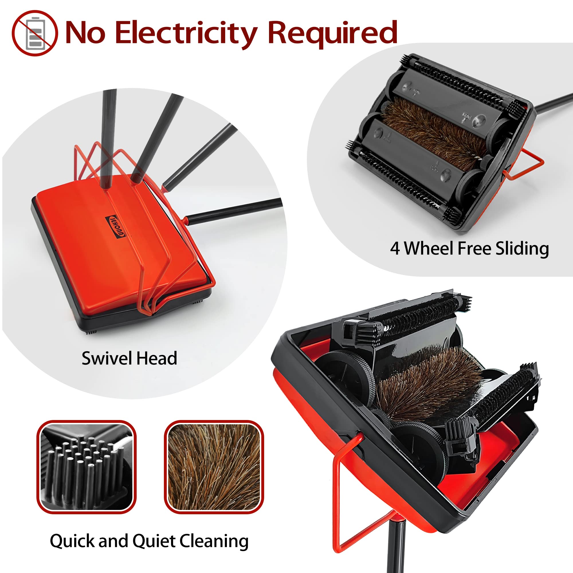 JEHONN Carpet Floor Sweeper Manual with Horsehair, Dust Mop for Floor Cleaning with 2 Washable Microfiber Pads
