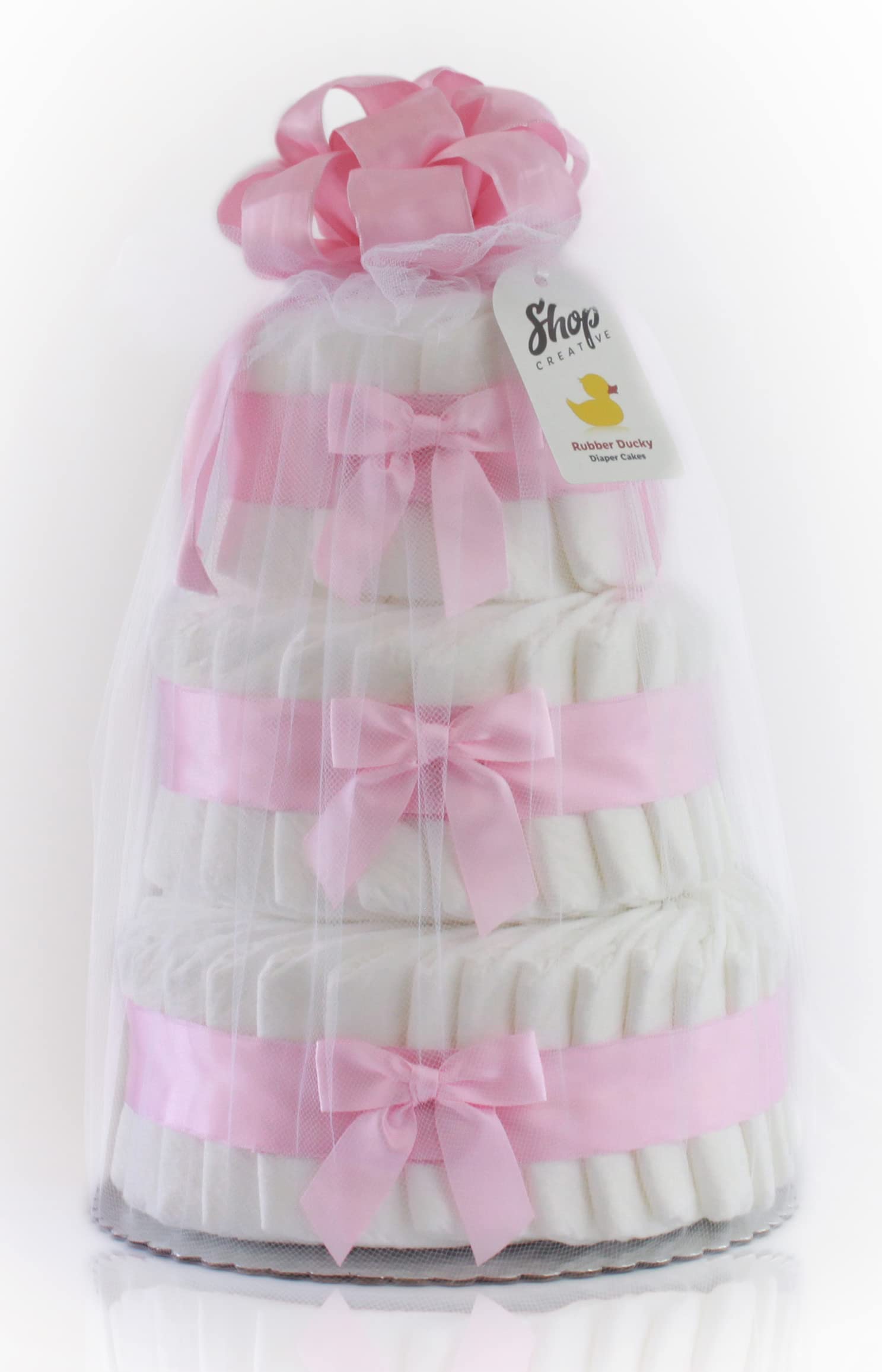 Classic Pastel Baby Shower Diaper Cake (3 Tier, Pink)