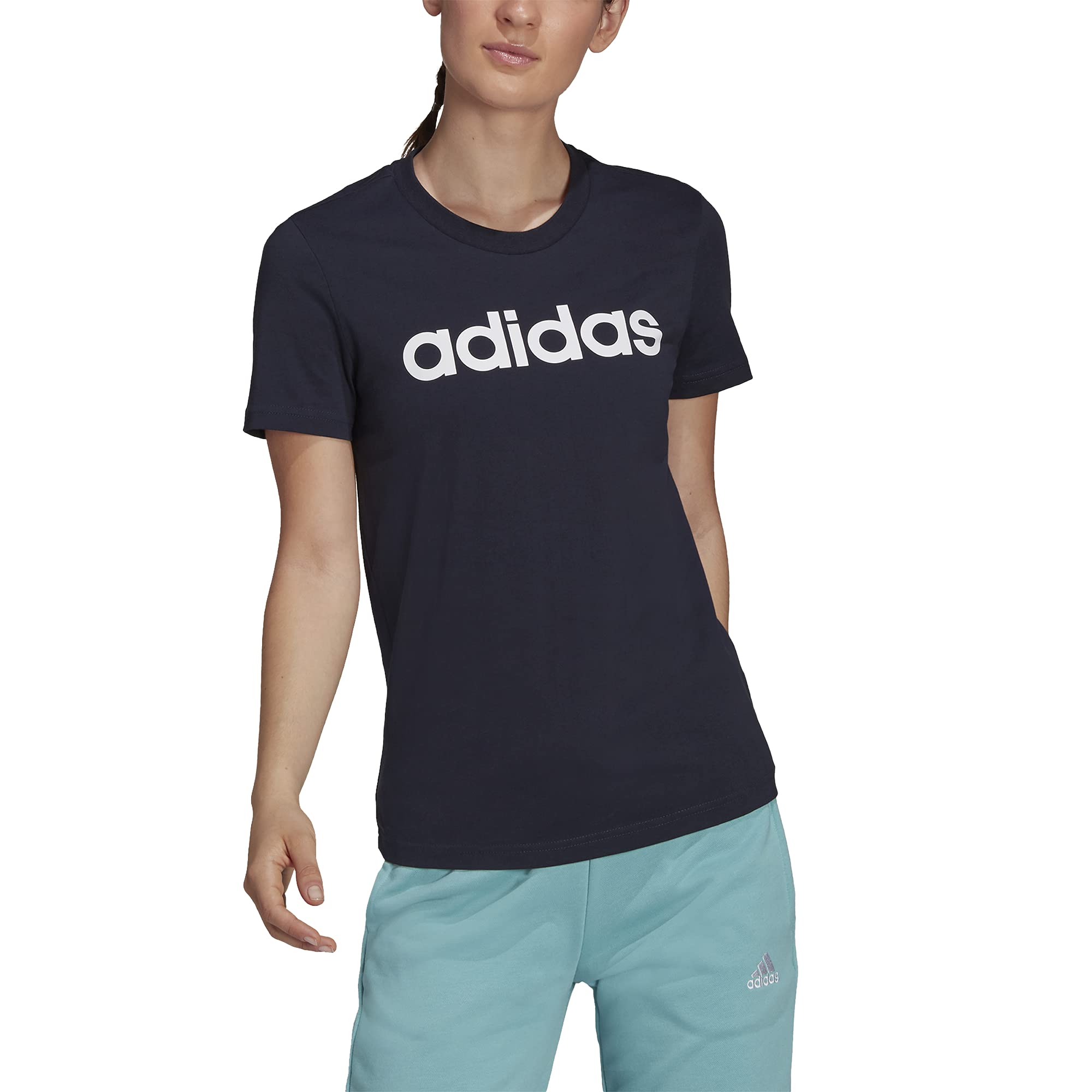 adidas womens Linear T-Shirt Crew Navy Melange/White Small