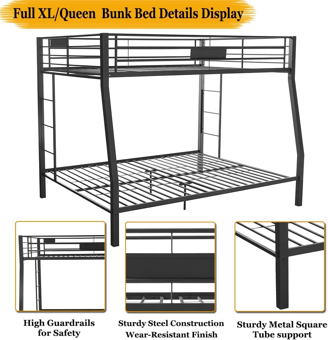 Bellemave Full XL Over Queen Metal Bunk Bed with 2 Ladders, for Kids Teens Adults - Sandy Black