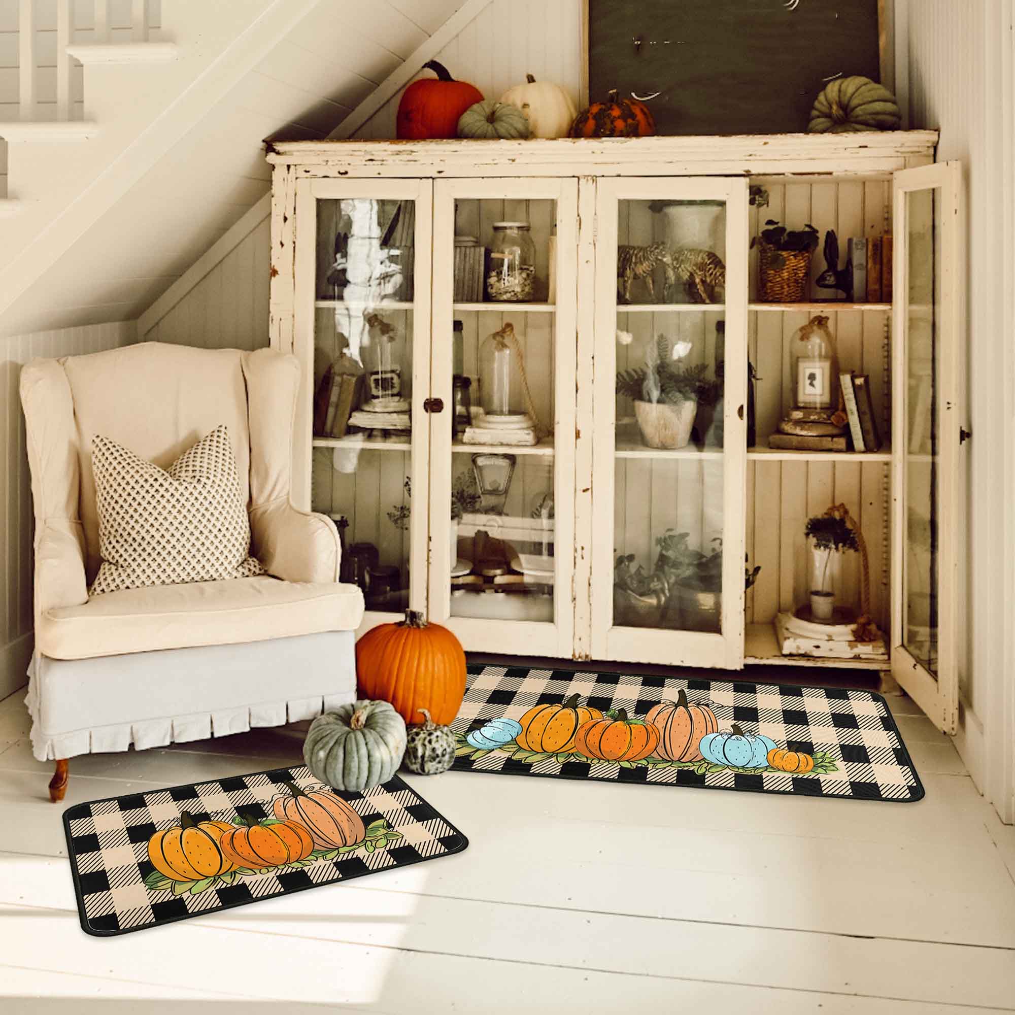 Buffalo Plaid Pumpkin Fall Decorative Kitchen Rugs Set of 2,Non Skid Washable, Home Seasonal Fall Holiday Party Autumn Harvest Thanksgiving Kitchen Mat 17"x47"+17"x30"