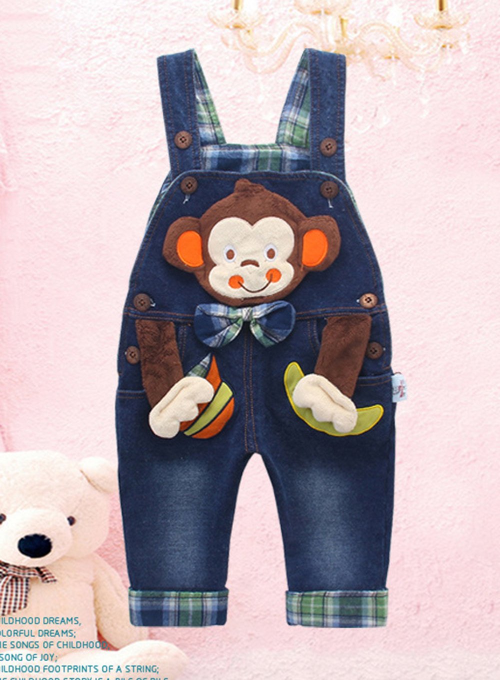 KIDSCOOL SPACE Baby Boy Girl Jean Overalls,Toddler Denim 3D Monkey Dungarees Pants,Blue,18-24 Months