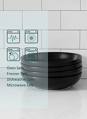 Teocera Pasta Bowls, Large Salad Bowls, Porcelain Bowl Set, Wide and Shallow, Microwave and Dishwasher Safe, 35 Ounce - Set of 4, Matte Black