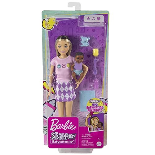 Barbie Skipper Babysitters Inc Doll & Accessories Set, Doll with Two-Tone Hair & Argyle Skirt, Baby Doll & 5 Pieces