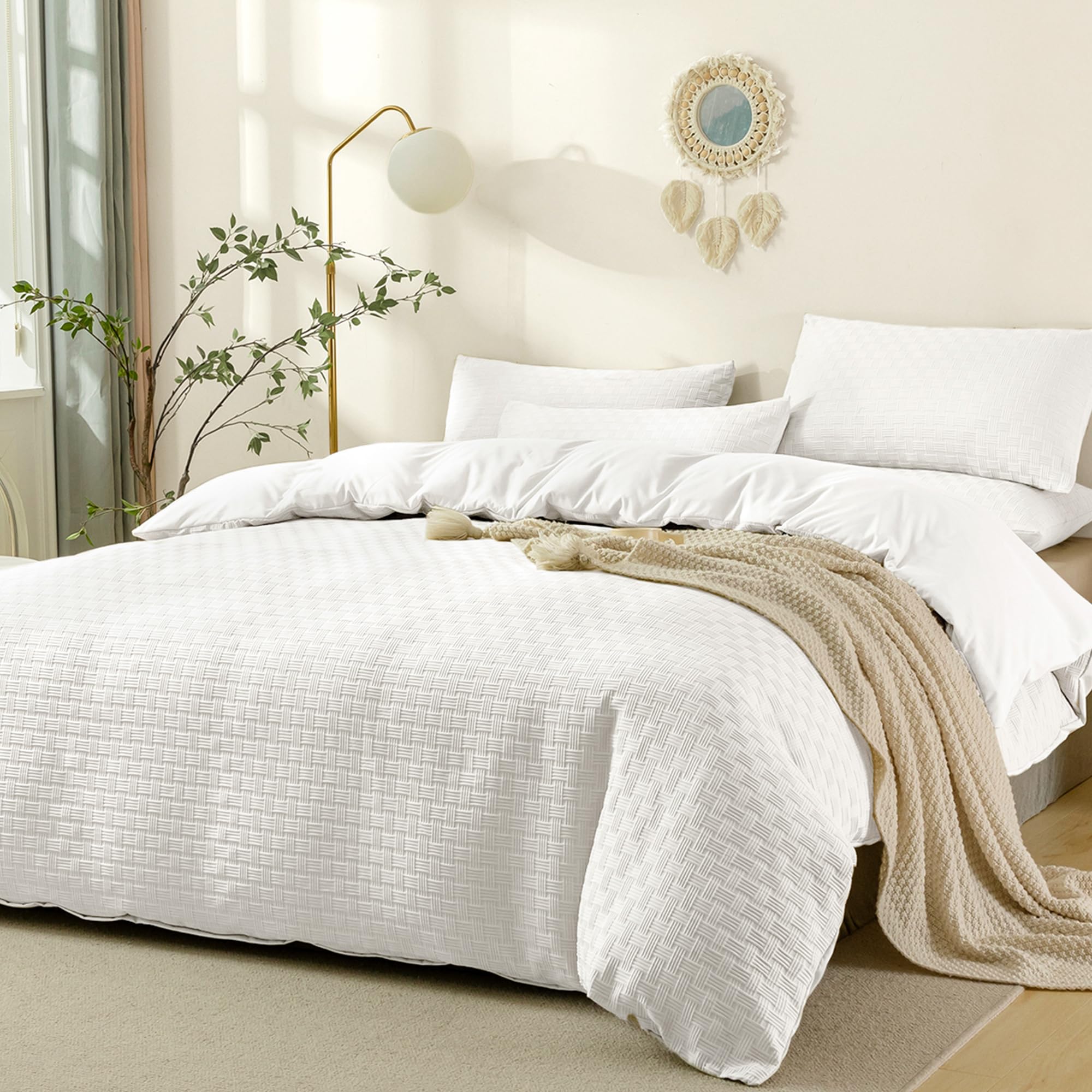 JELLYMONI White Duvet Cover Queen Size - 3 Pieces Soft and Breathable Microfiber Knitted Jacquard Waffle Weave Striped Comforter Cover with 8 Corner Ties & Zipper Closure