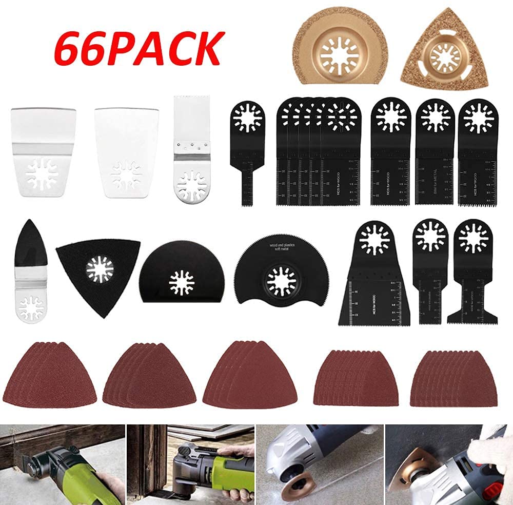 66 Pack Oscillating Saw Blades Kit, Metal Wood Cutting Oscillating Quick Release Mix Multi Function Multitool Blades Compatible with Makita, Bosch, Dremel, Multimaster, Dewalt, Black&Decker