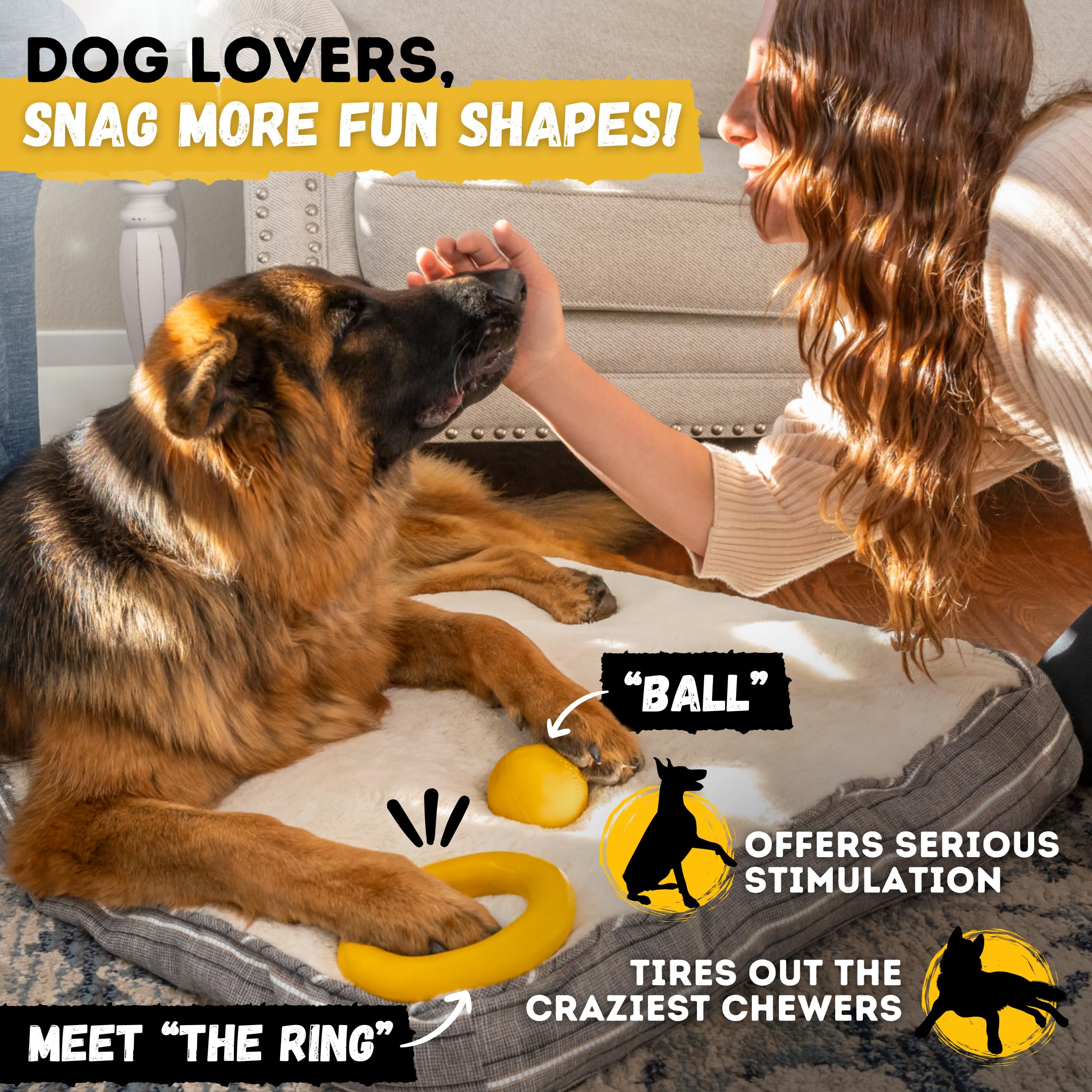 WoofBite Indestructible Ring Ball - Lifetime Replacement - for Aggressive Chewers, Medium Large Breed - Non-Toxic Natural Rubber Dog Toys - Butter Scent, Yellow (Highly Visible Color for Dogs) - 4.5”