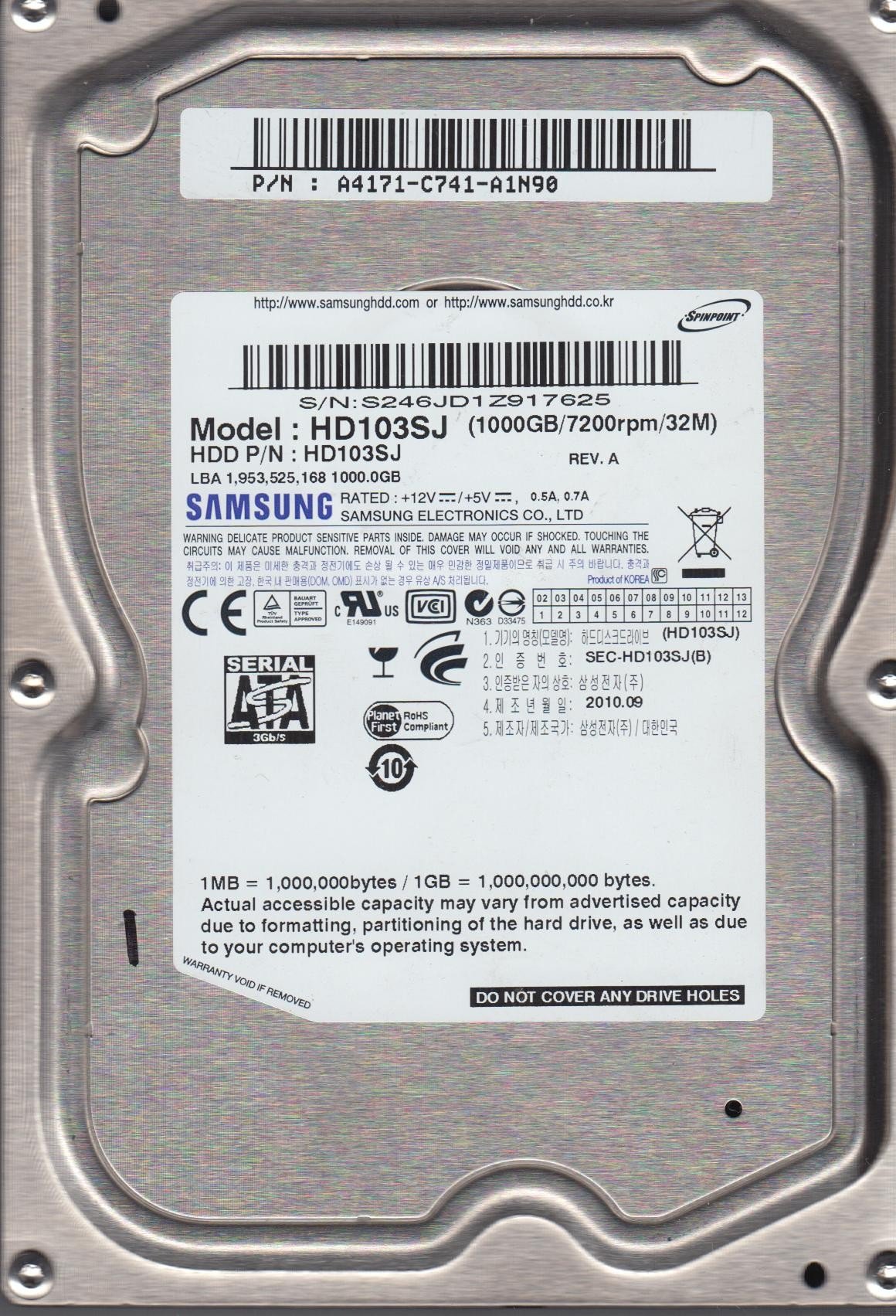 HD103SJ, HD103SJ, REV A, Samsung 1TB SATA 3.5 Hard Drive