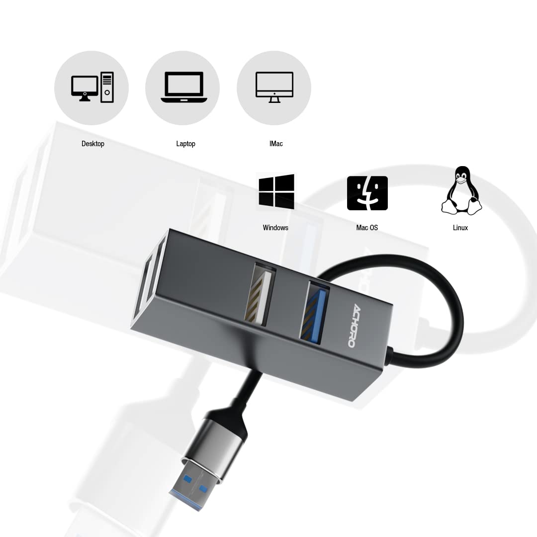 ACHORO 4 Ports Computer USB Hub – Super Speed USB 3.0 & USB 2.0 USB Port Expender - Aluminium Alloy External USB Port for Laptop, Mac, PCs, – Portable Extra USB Port & Mini USB Hub (DARK GRAY USB HUB)