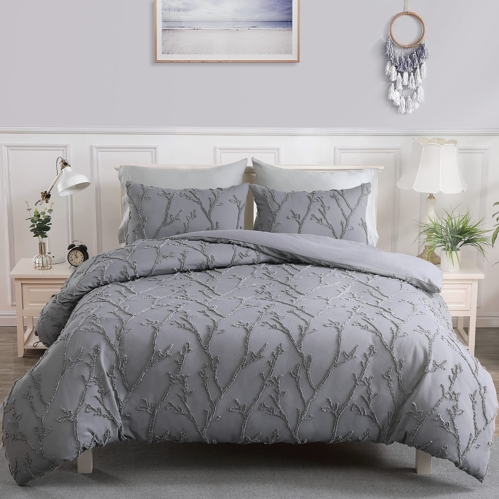 Queen Size Duvet Cover Set - 3-Piece Shabby Chic Branches Tufted Embroidery Duvet Cover Set for All Seasons, Grey, 90 x 90 Inch