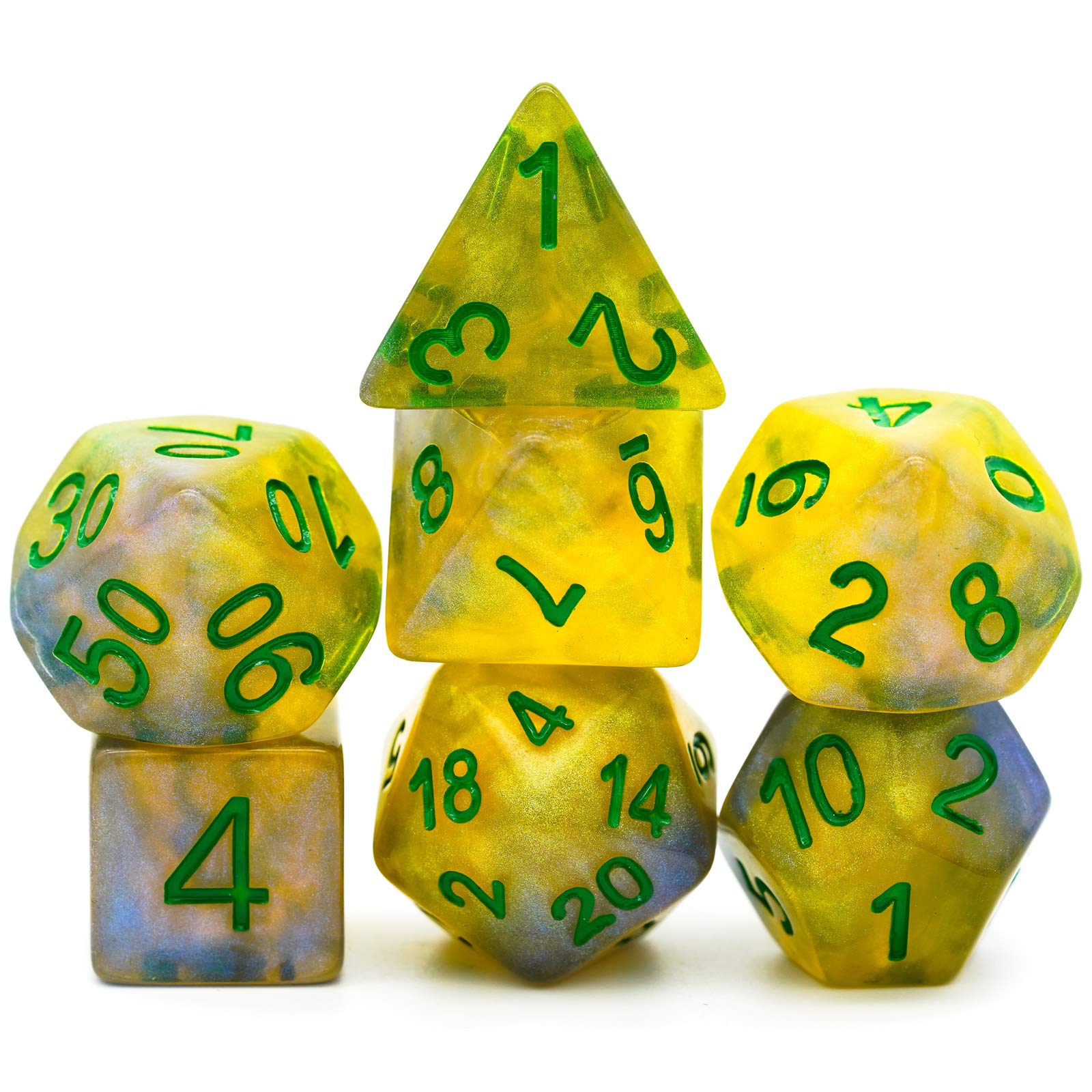 Cusdie 7-Die Resin DND Dice, Polyhedral Dice Set, for Role Playing Game Dungeons and Dragons D&D Dice MTG Pathfinder (Yellow/Blue Green Numbers)