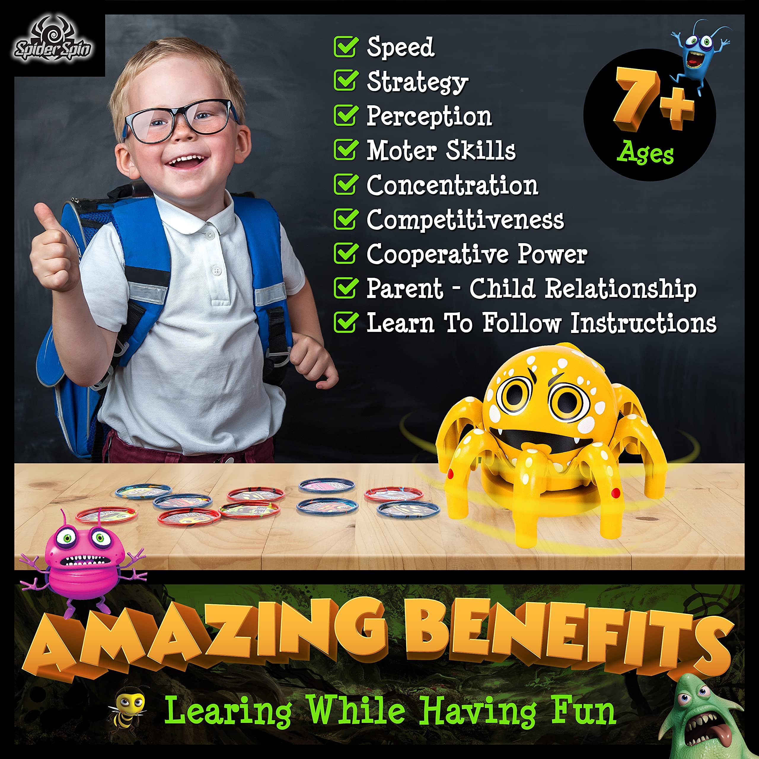 Catchup Toys Spider Spin Game Toy: Kids Magnetic Spin Catch Spider Grabs 10 Added Discs, Choose Cute Evil Design, Multi-Play Levels, STEM, Boys Ages 7+