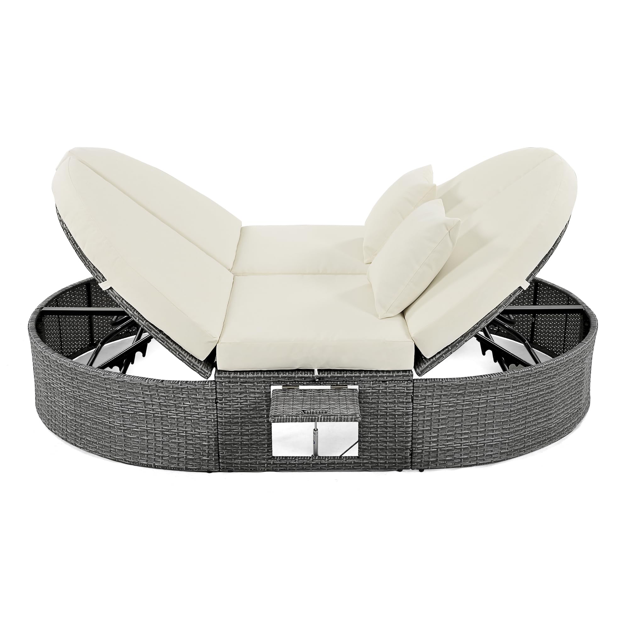Bellemave Outdoor Sun Bed Patio 2-Person Daybed with Cushions and Pillows, Rattan Garden Reclining Chaise Lounge with Adjustable Backrests and Foldable Cup Trays for Lawn,Poolside(Beige)