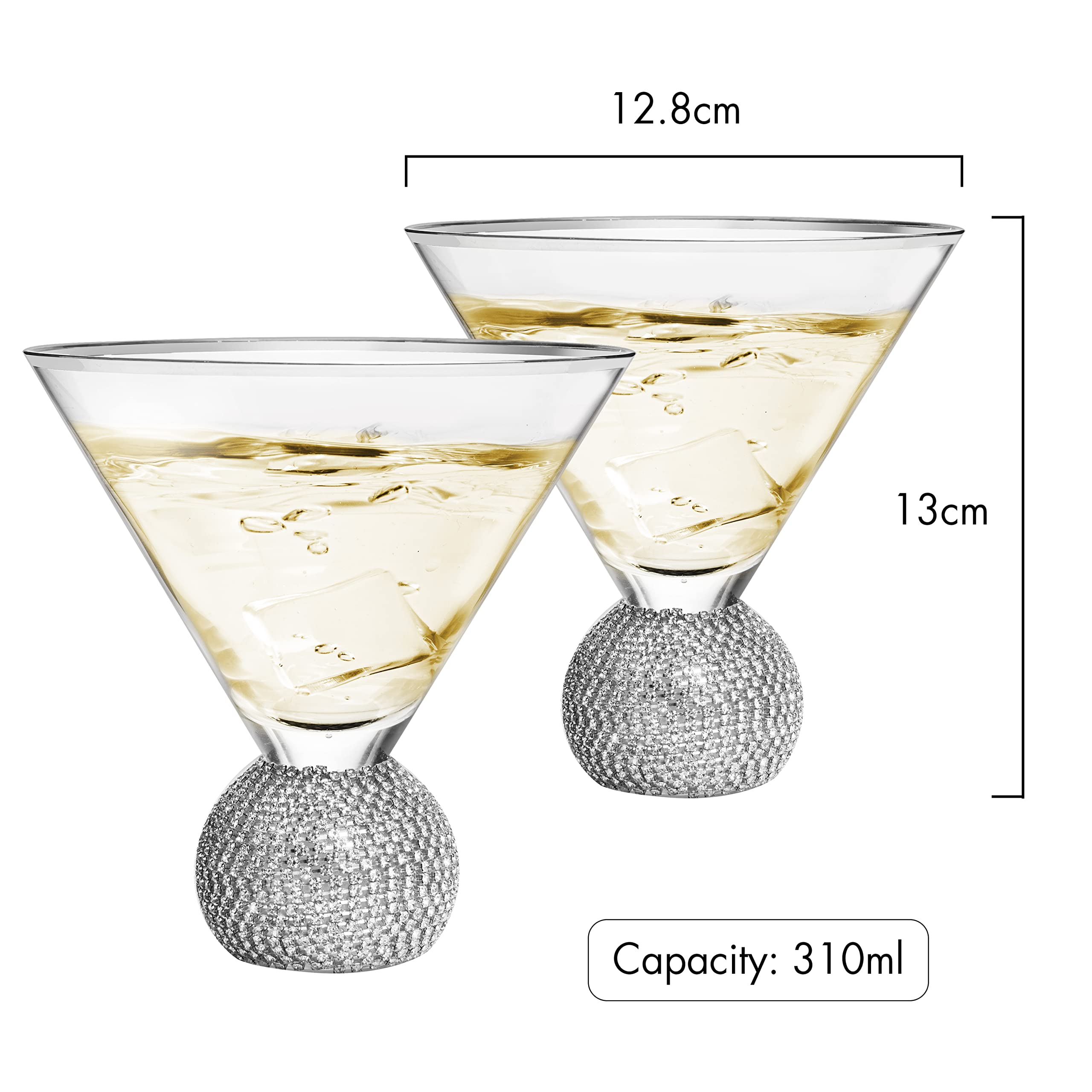 The Wine Savant Wedding Diamond Studded Martini & Cocktail Glasses Set of 2 Matte Silver Glasses, Rhinestone Diamonds Stemless Crystal Ball Base, Bar or Party 10.5 oz, Shiny Style Glass
