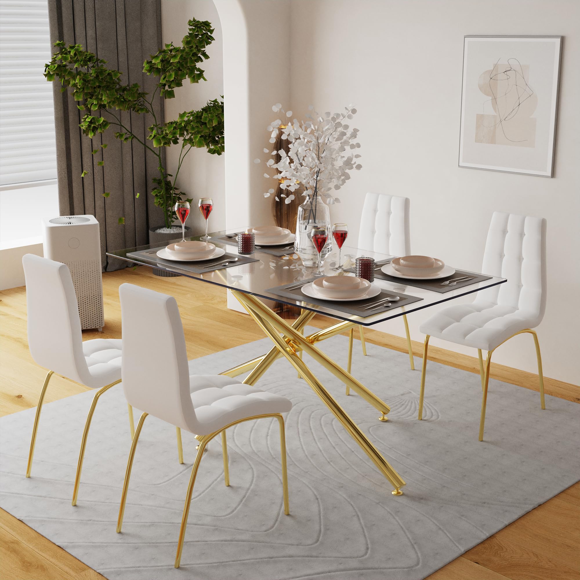 63 inch Glass Dining Table for 6, Modern Kitchen Table with Rectangular Tempered Glass Top and 4 Chrome Legs, Large Dining Table for Office Kitchen Living Meeting Room, Golden