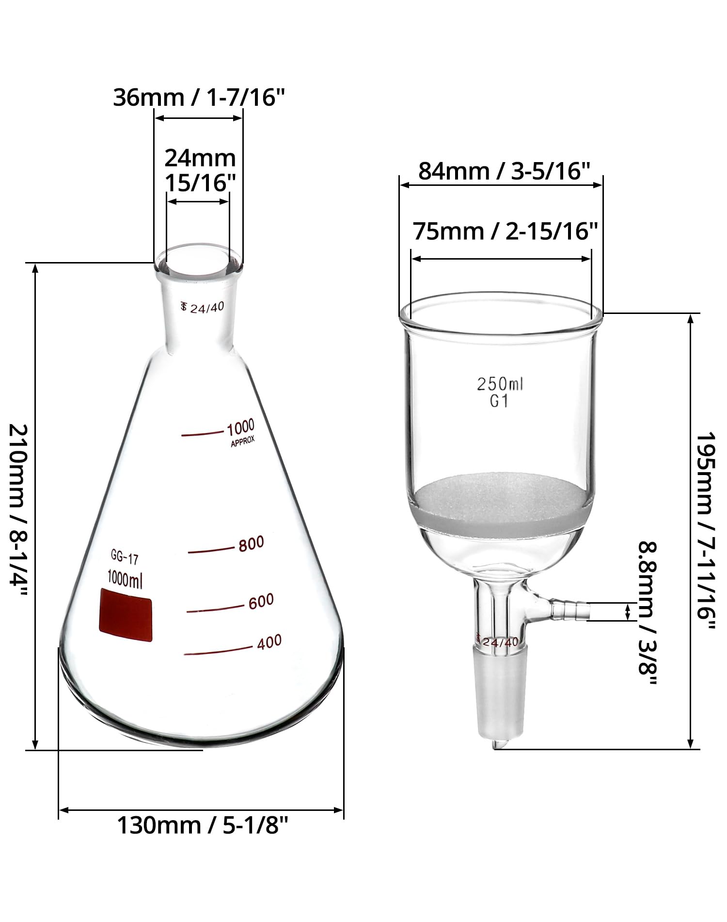 QWORK 250ml Glass Buchner Filtering Funnel and 1000 ml Erlenmeyer Flask, Thick Wall Flask with 24/40 Outer Joint