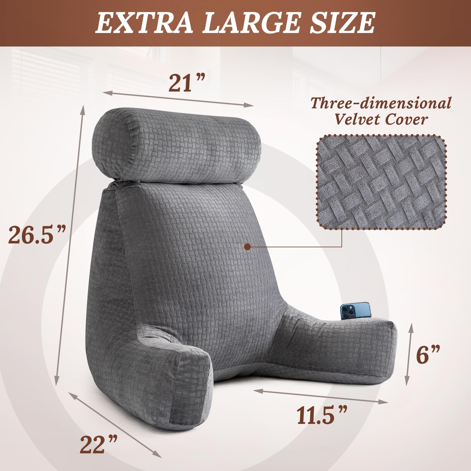 Activance Bed Rest Reading Pillow Sit Up Pillow for Bed Backrest Support Sofa Couch Cushion with Arms, Side Pockets, Detachable Neck Roll for Reading/Bedding/Watching TV/Gaming, Grey