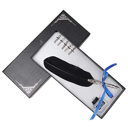 GLOGLOW Quill Pen, European Retro Feather Quill Dip Pen Fountain Pen Sign Pen Set with 5 Replacement Tips Calligraphy Feather Quill Dip Pen Set(Black)