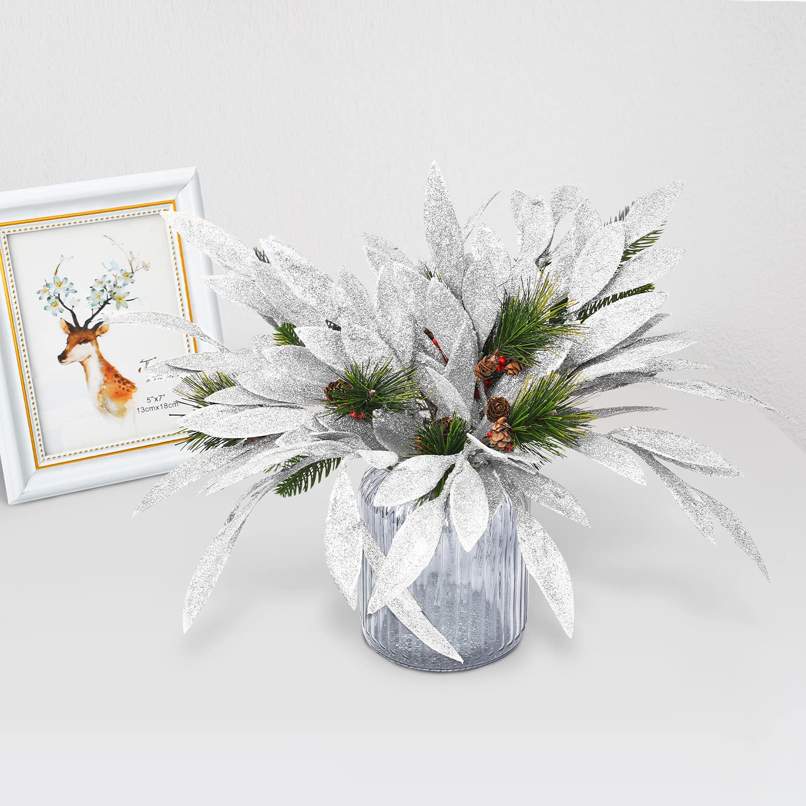 Dolicer 24PCS Artificial Silver Glitter Leaf Fake Plants Silver Leaves Christmas Glitter Leaf Spray Christmas Floral Vase Arrangement Bouquets for Christmas Tree Wedding Home Garden Party Gift Decor