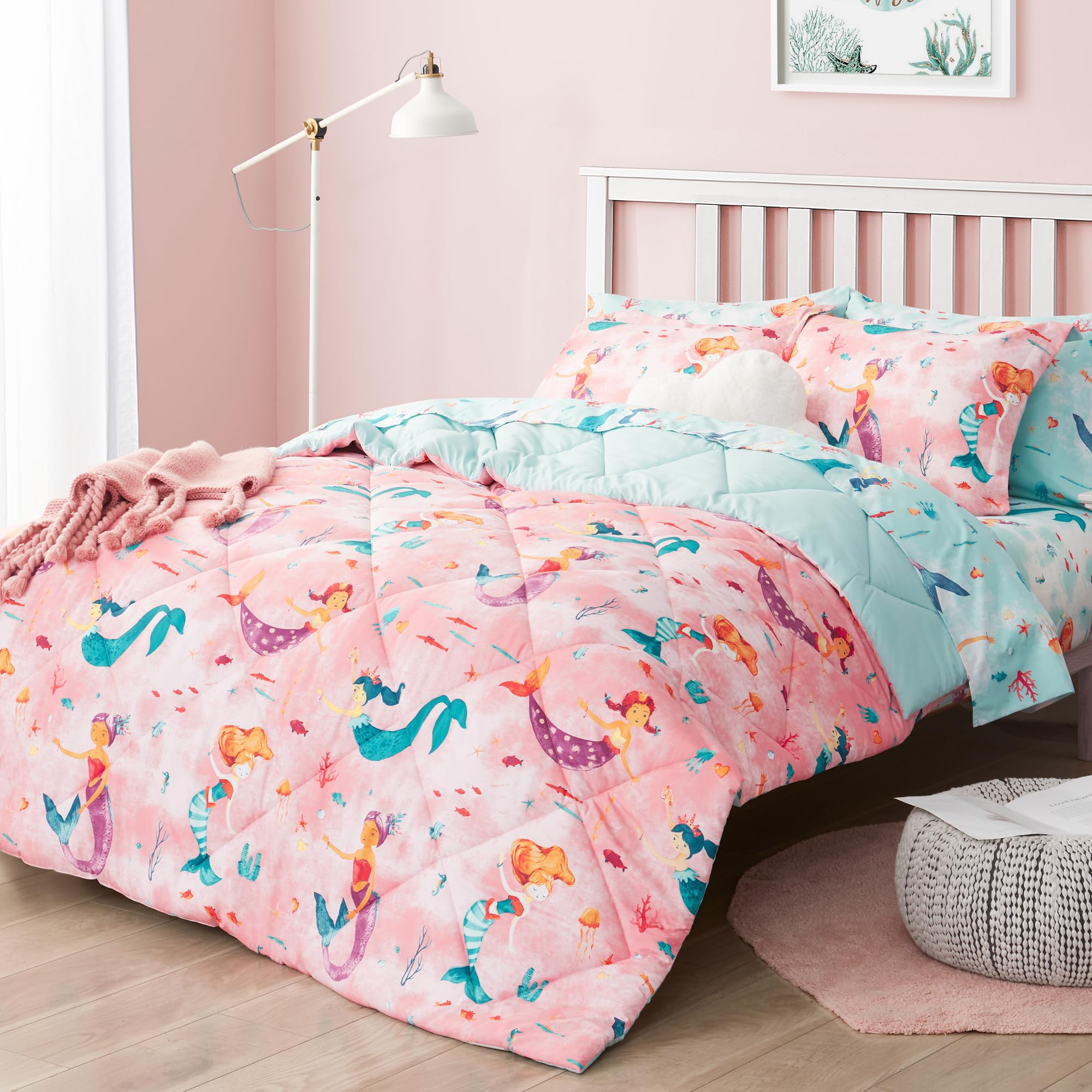 UMCHORD Pink Mermaid Kids Bedding Set for Girls, Twin Size 5 Pieces Bed in a Bag, Super Soft Lightweight Microfiber Comforter Set with Sheets, Hotel Quality Durable Children Bed Set
