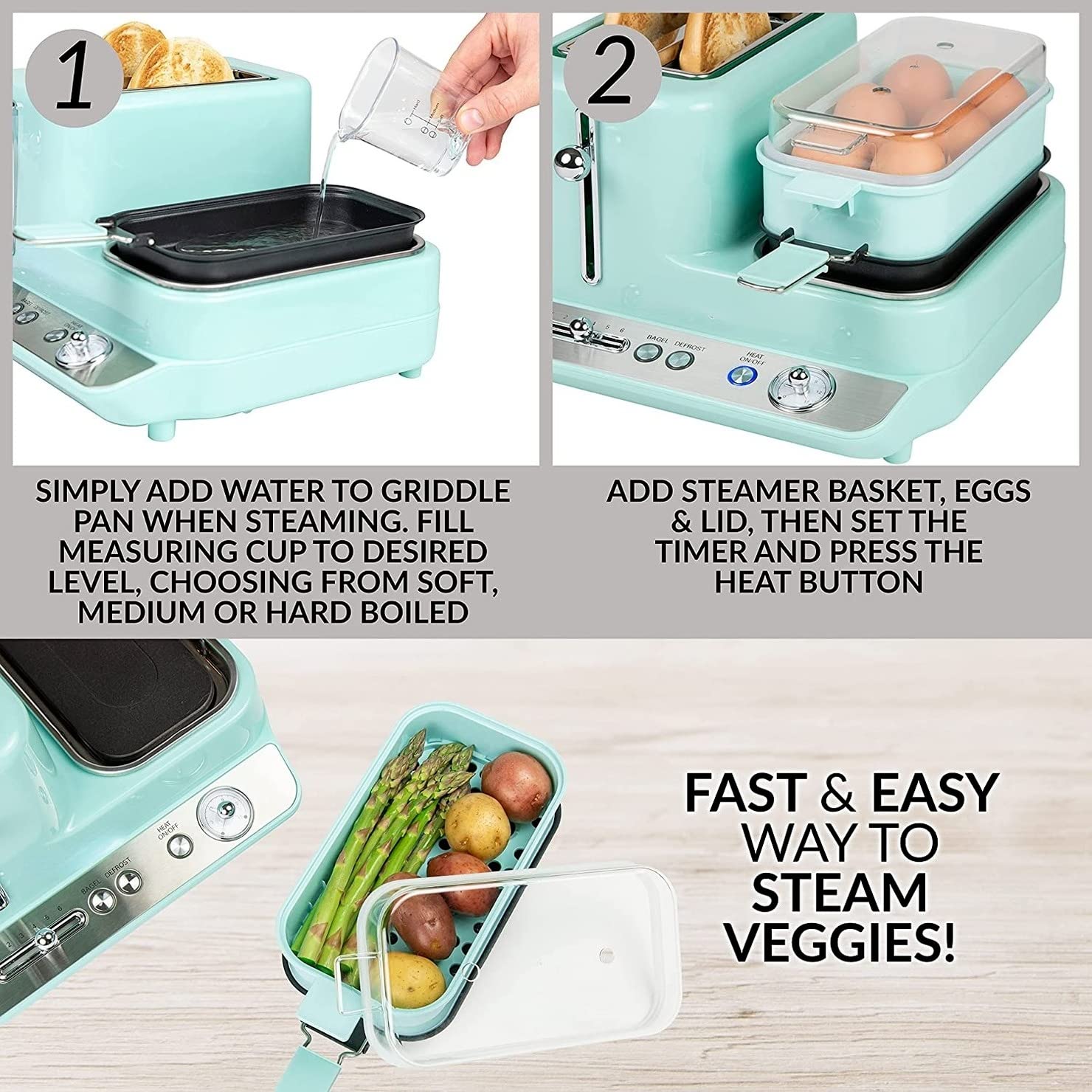 MONIK Classic Retro 3 in 1 Breakfast Station, 2 Wide Slot Toaster with Adjustable Bake Controls, 6 Capacity Egg Boiler