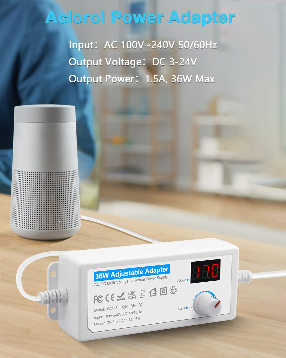 Aclorol 36W Universal Power Supply Adapter 3V 5V 6V 9V 12V 15V 18V 20V 24V Adjustable Variable AC/DC Adapter 100V-240V AC to DC Converter 3V-24V 0.5A 1A 1.5A Max with 14 Tips 5.5x2.5mm 4.0x1.7mm
