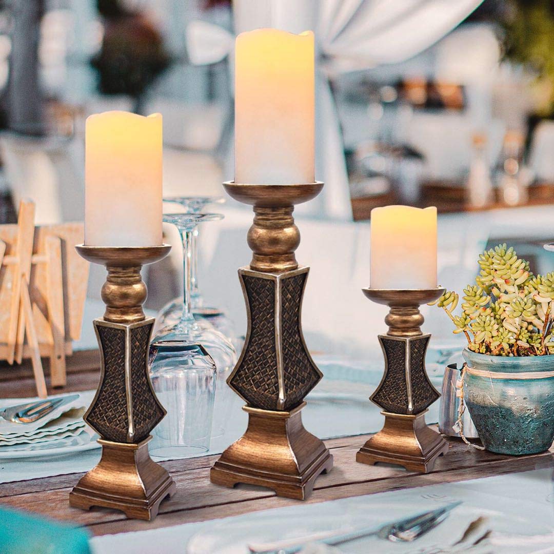 QUABUY Resin Candle Holders (Set of 3) Small 8", Medium 10", Large 12" (H). Ideal for Home Decorations for Living Room, Dining Room Table, Weldings, Parties, Special Events ( Gold )