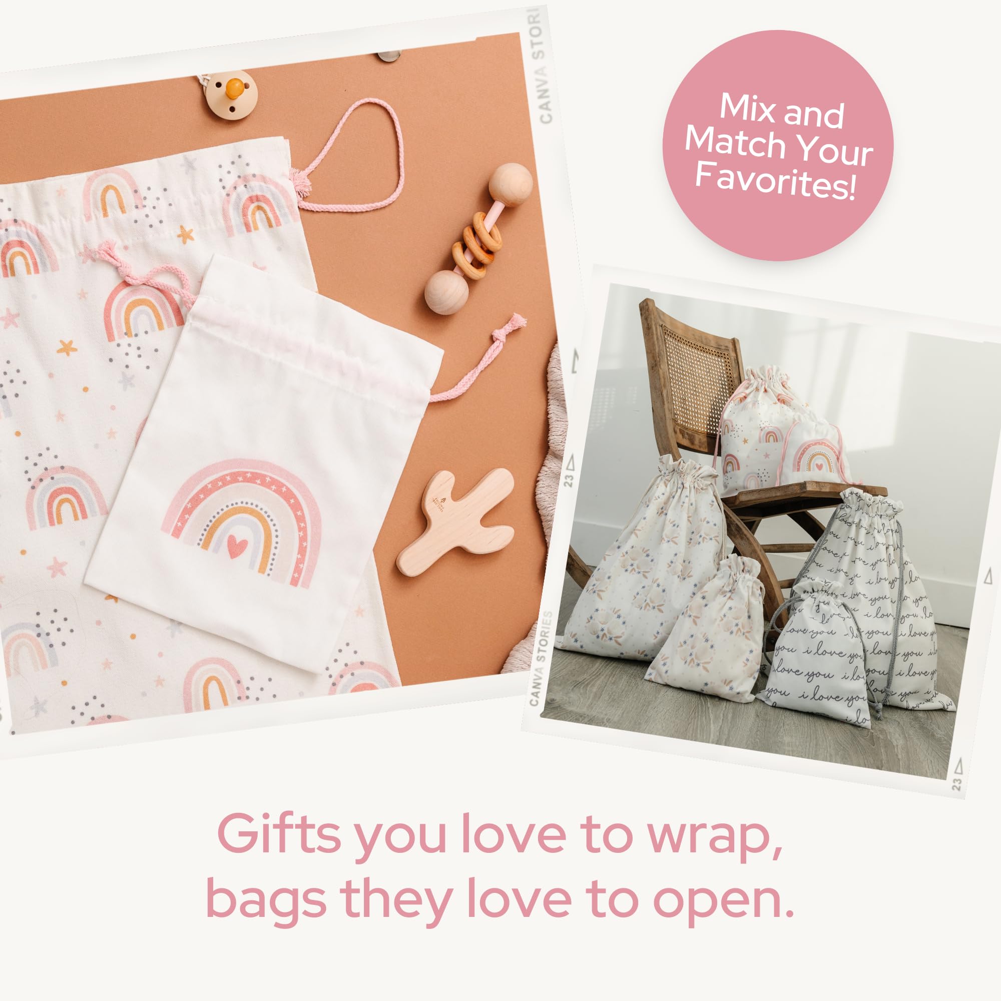Gather & Knot Drawstring Gift Bags | 20" Large 12" Small | Premium Canvas | Reusable Fabric Wrap for Baby Shower or Girl Birthday | Rainbow