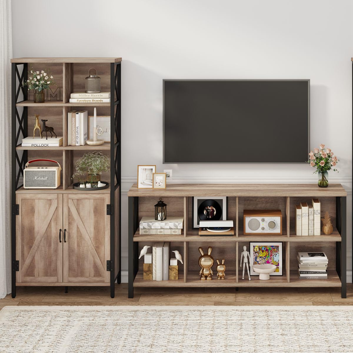 FATORRI Bookcase with Doors, Rustic Tall Bookshelf with Cabinet, Industrial Farmhouse Book Shelf and 6 Cube Organizer Book case for Living Room (Rustic Oak, 67 Inch)