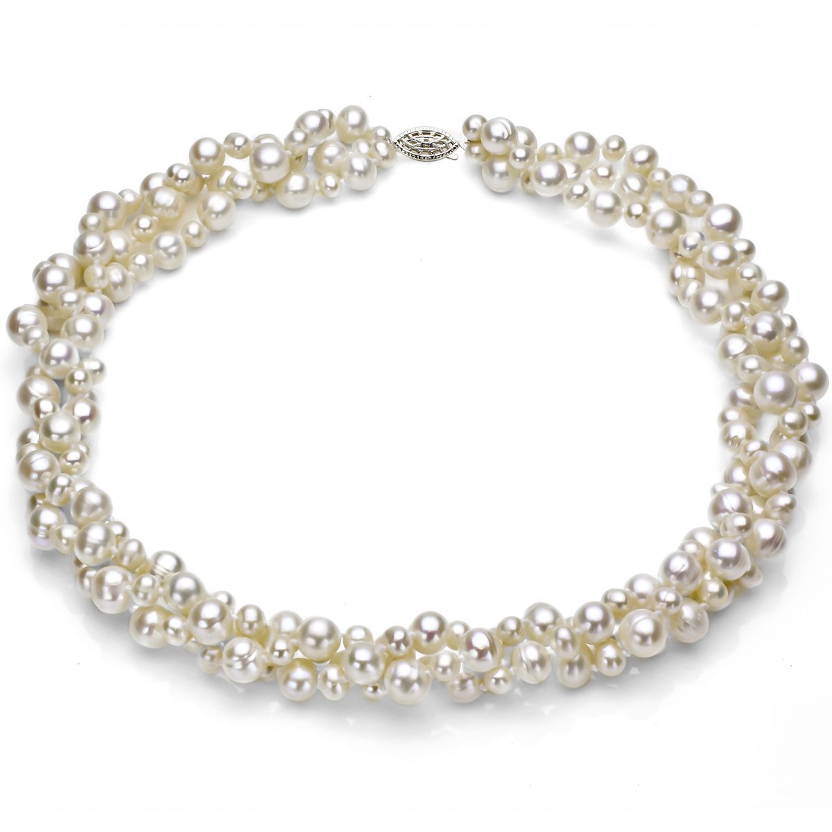 Amazon Collection Sterling Silver 4-4.5mm and 8-8.5mm White Freshwater Cultured Pearl 3-rows Twisted Necklace, 18"