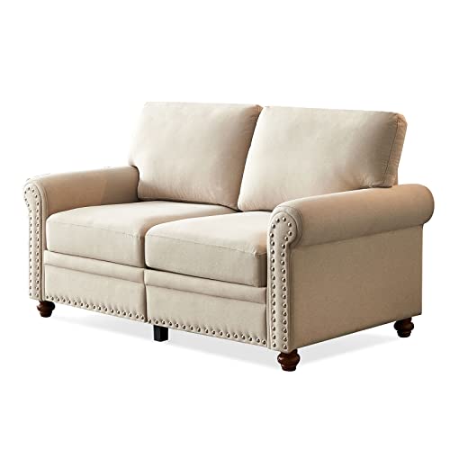 CALABASH Loveseat Sofa, Modern Upholstered Love Seat 2 Seater Small Couch with Classic Nails & Seat Cushion Backrest Removable for Living Room, Bedroom, Apartment, Small Space(Beige Fabric)