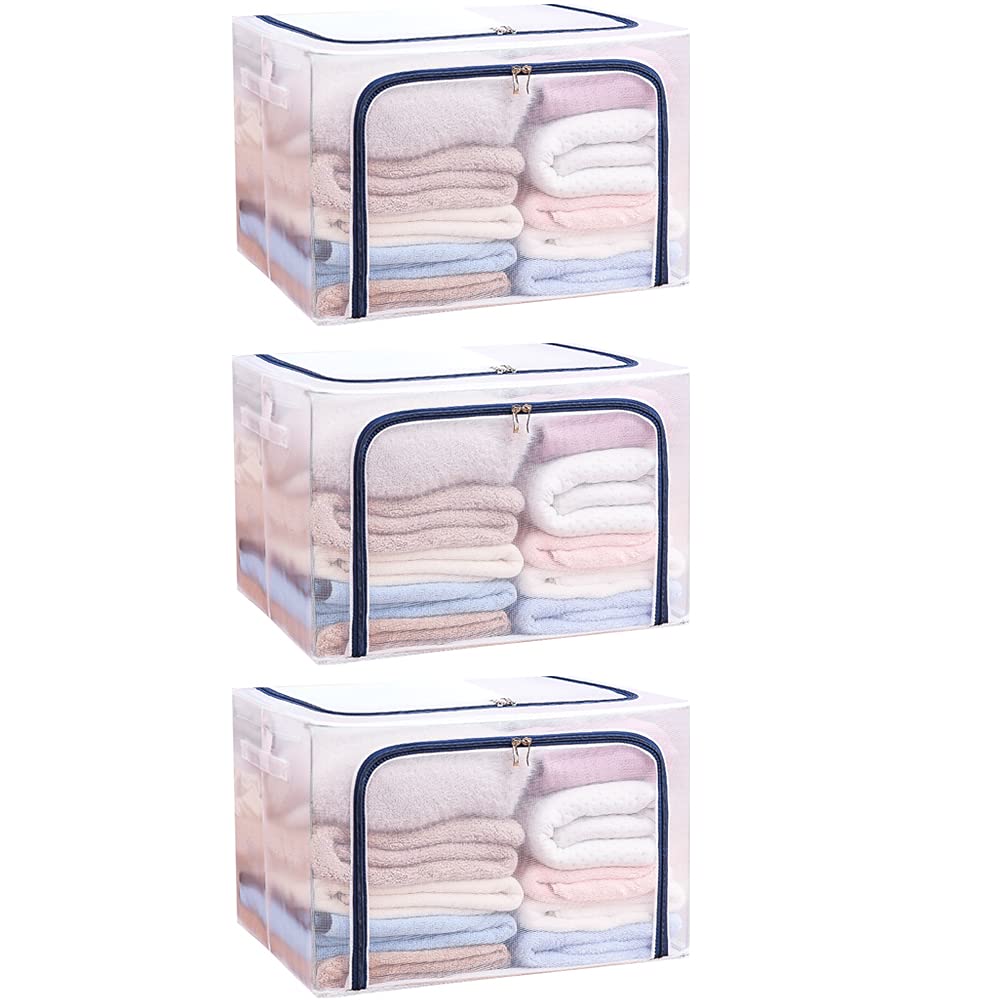 Bestunihom PVC Clear Window Storage Box,Waterproof Storage Organizers Clothing,Quilts,Kids toys, Books,Office Storage Bins Reinforced Handles,Pack of 3 Blue 110L SNX-JWB013PBL110