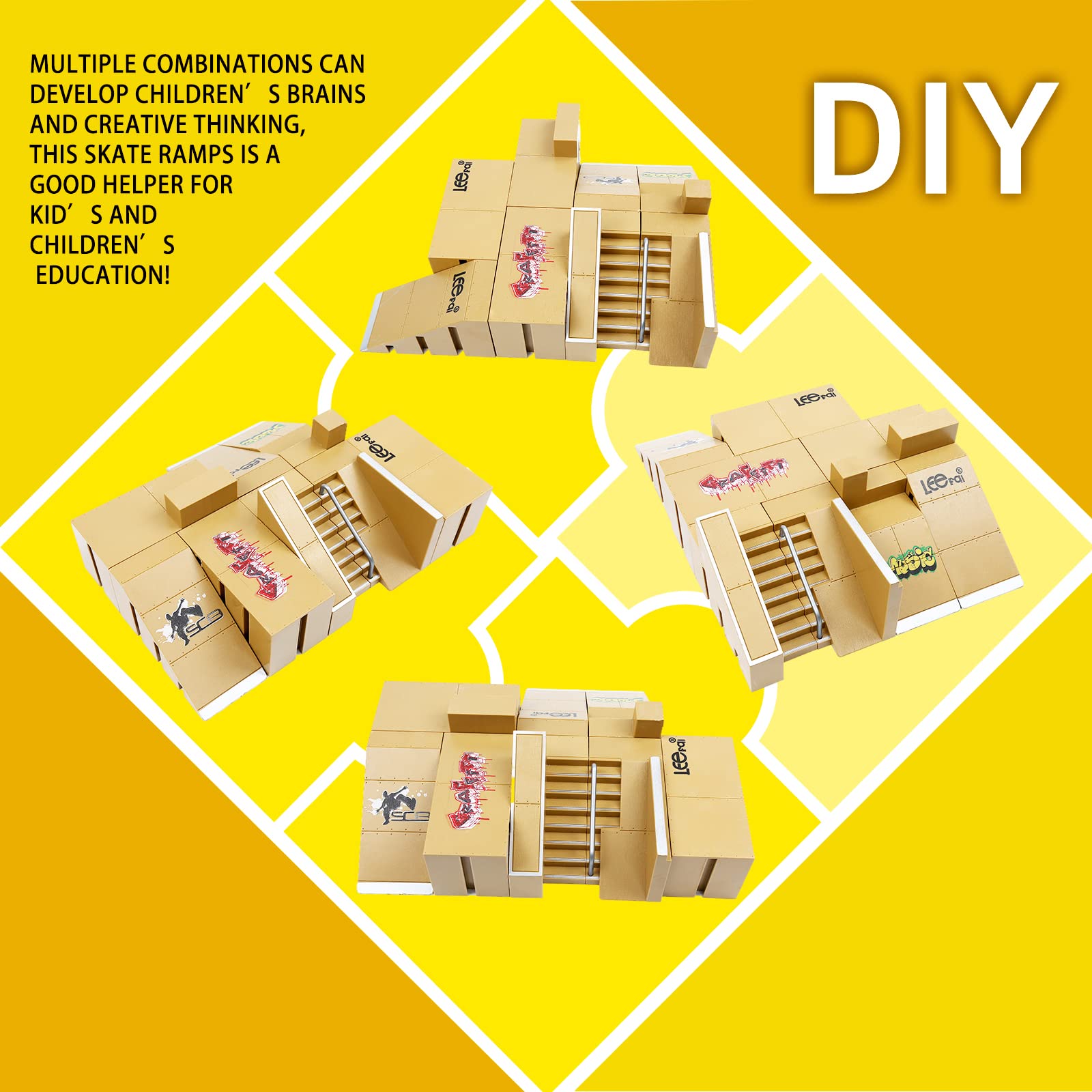 Skate Park Kit, Skate Park Kit Ramp Parts for Finger Skateboard Park Kit Part Training Props with 4 Finger Decks 2 Finger Bike 1 Pair Skates and 1 Scooters