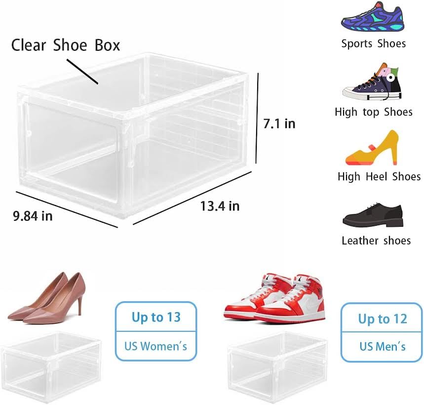 ANIMEWRLDS 6-Pack Clear Shoe Box Containers with Air Ventilation & Magnetic Door | Stackable, Durable, Transparent Storage for Sneakers, Heels, Boots, Bags & Fits up to Maximum Size of US12 (White)