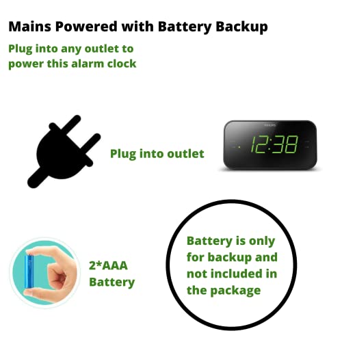 Philips Digital Alarm Clock Radio, FM Radio Alarm Clocks for Bedrooms, Dual Alarm Clock Radios for Bedroom with Battery Backup, Sleep Timer Function, Easy Snooze and Large LED Display - Black