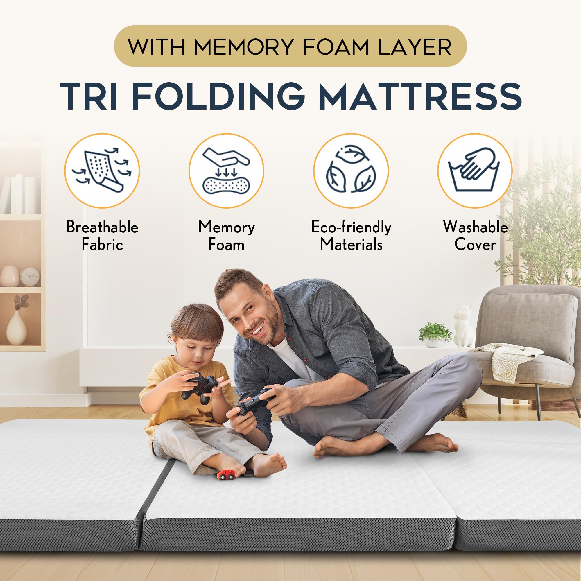 Tri Folding Mattress Twin with Memory Foam Layer - 4 Inch Trifold Foldable Bed Mattress with Washable Cover | Twin Size Mattress 75" x 38" x 4" Non-Slip Bottom Camping Floor Mattress Guest Bed