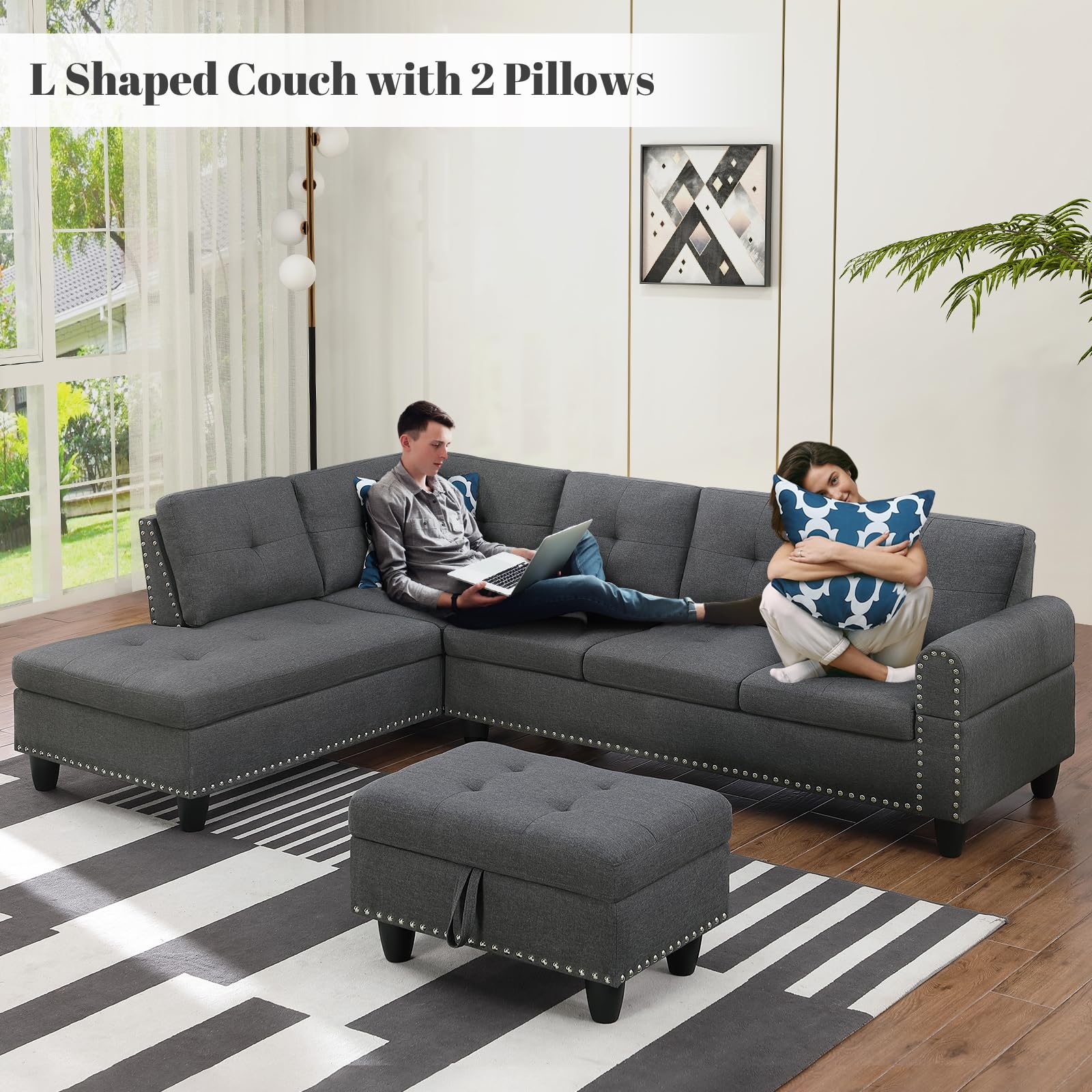 Rovibek L Shaped Sectional Couch with Ottoman and Pillows, 2 Cup Holders Design Living Room Sofa Set for Apartment, Office