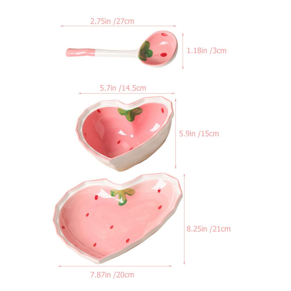 Angoily Ceramic Dessert Bowls Plate: 1 Set Love Heart Shaped Strawberry Salad Bowl with Spoon Porcelain Mixing Bowls for Soup Pasta Dessert Cereal Snack Rice Noodles Ice Cream