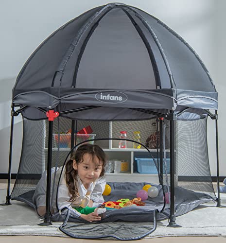 INFANS Baby Playpen with Removable Mesh & UV Canopy, 53" Portable Playhouse with Carry Bag, Dome, Padded Floor, Easy Folding Playard Activity Center (Dark Grey)