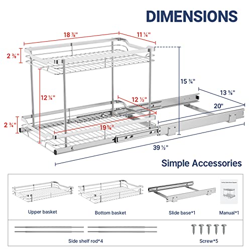 Amazer Pull Out Cabinet Organizer, 2 Tier Pull Out Drawers for Kitchen Cabinets, Slide Out Pantry Shelves 14.2"D×20"W Sturdy Cabinet Organizer Pull Out Drawers, Cabinet Pull Out Shelves Metal-Chrome